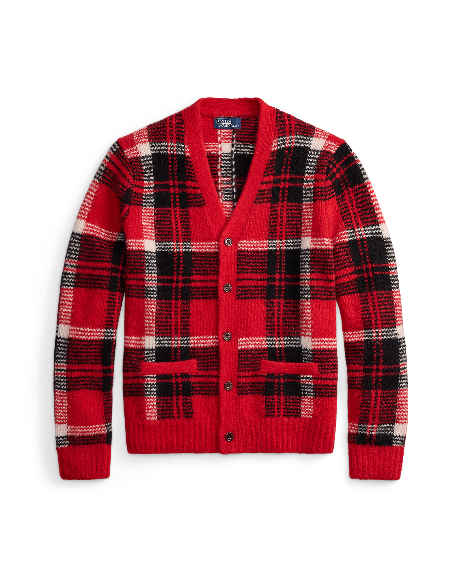POLO RALPH LAUREN - Cardigan écossais laine et patch en daim Combi rou ...